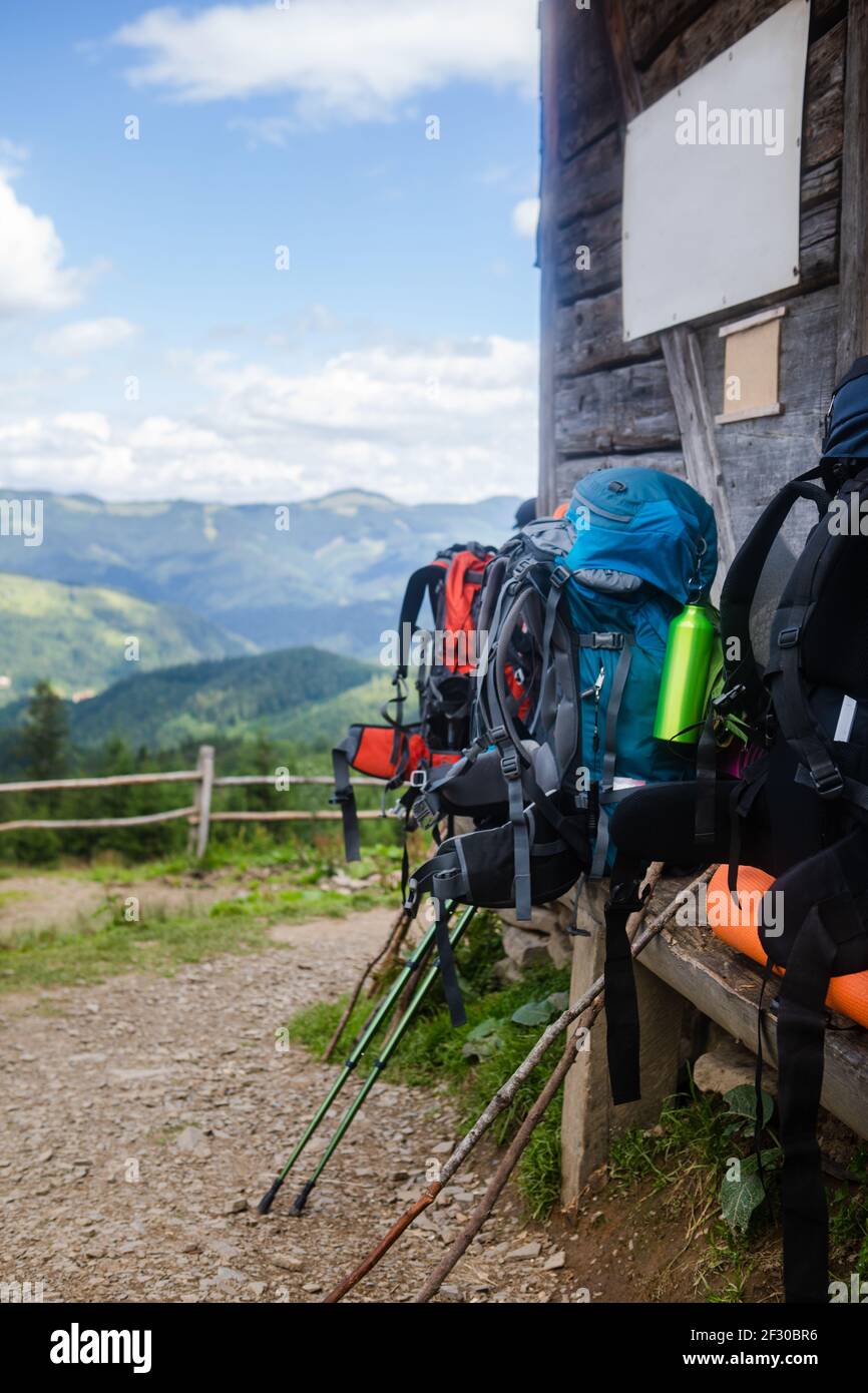 hiking backpacks on the top of the mountains. tracking concept Stock ...