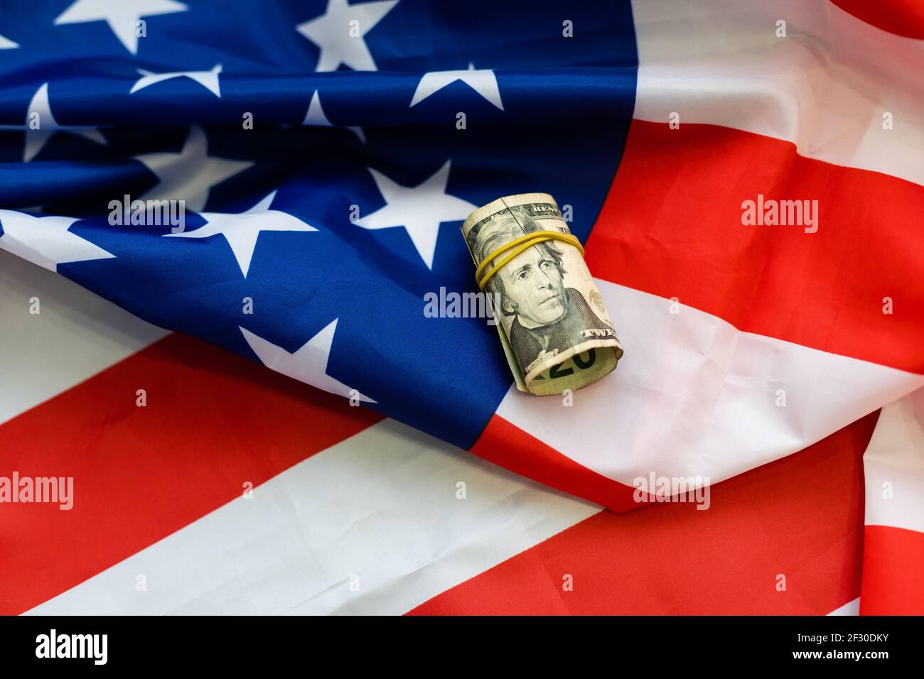 American flag on assorted banknotes, dollars Stock Photo - Alamy