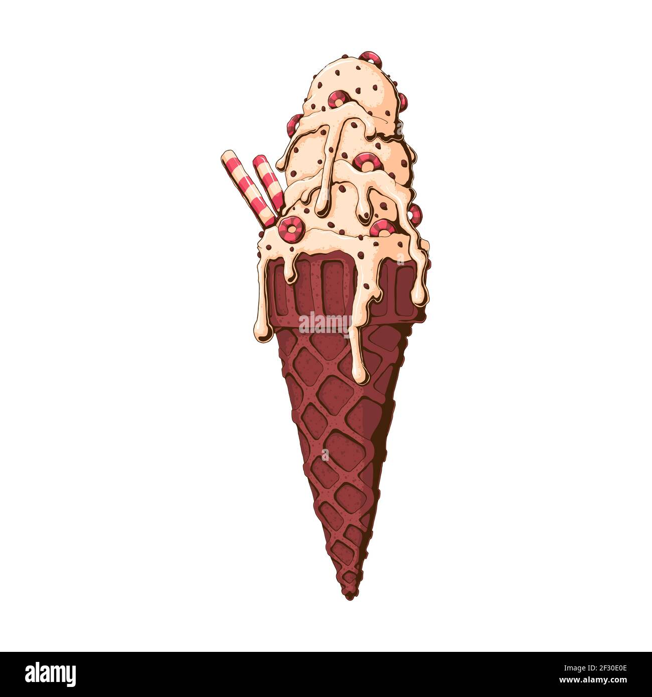 Vanilla ice cream sundae wafer cone with corn rings and caramele and ...