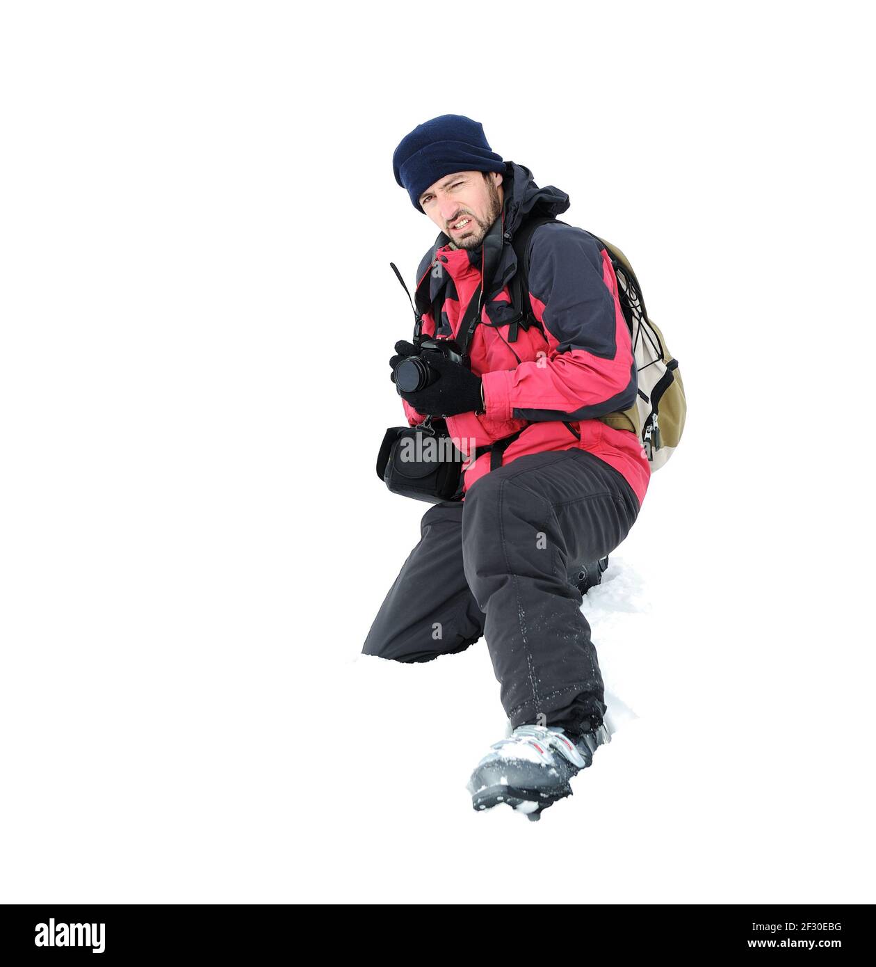Photographer in extreme conditions getting picture of mountain view ...