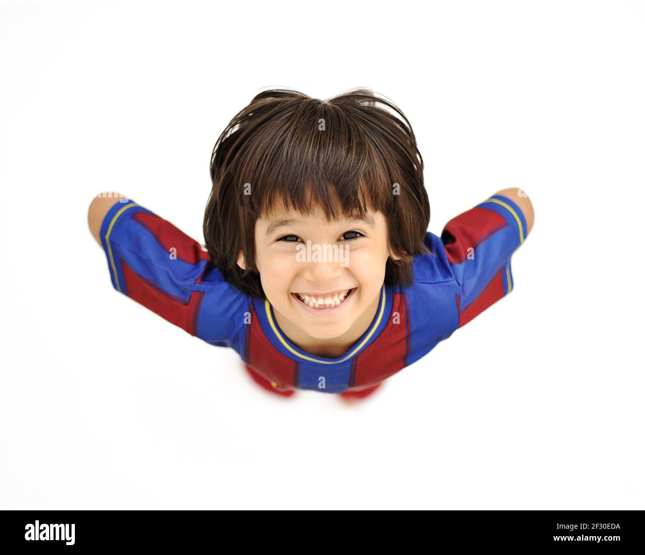 Happy child, positive fresh little smiling boy from above, different ...