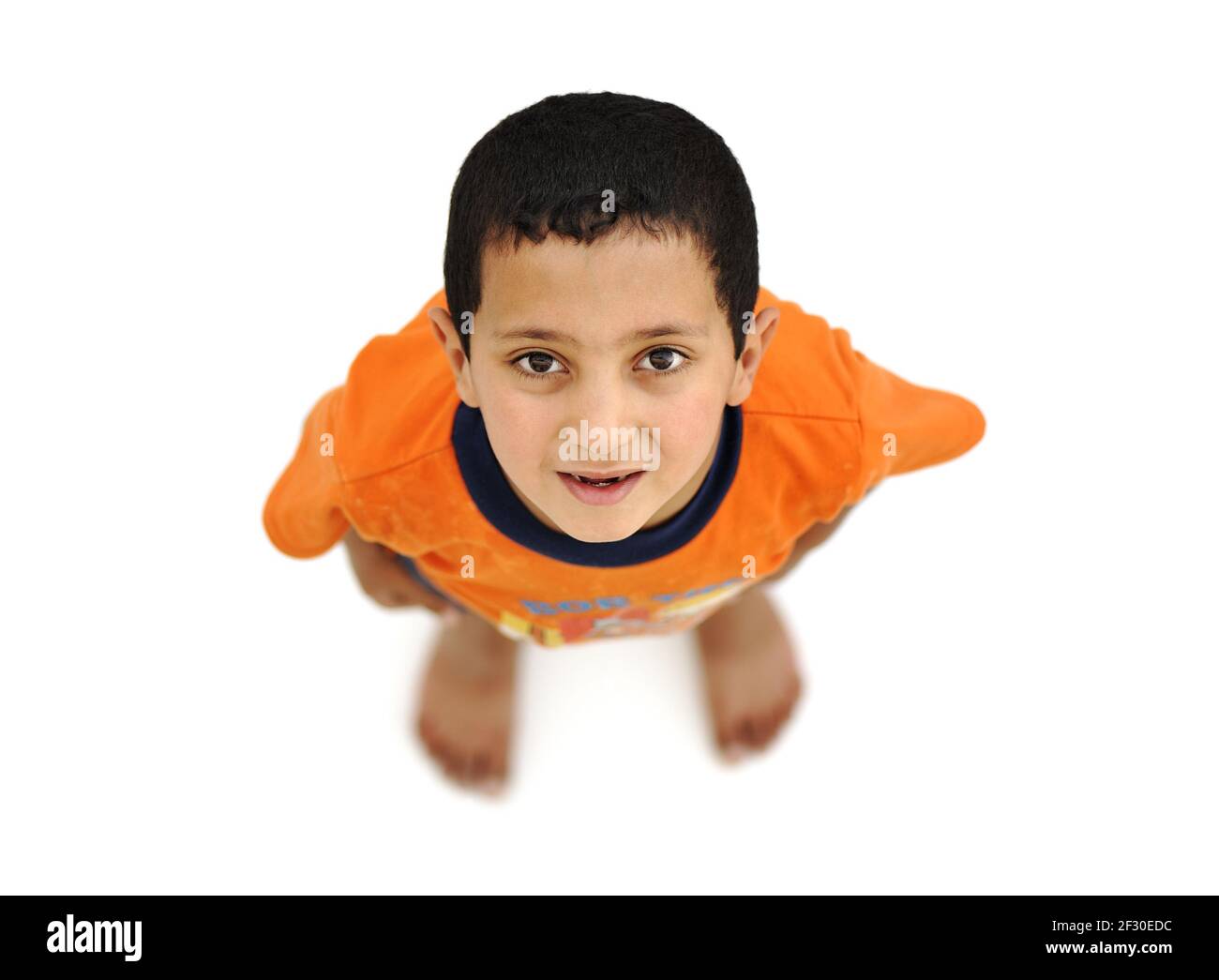 Happy child, positive fresh little boy from above, different angle ...