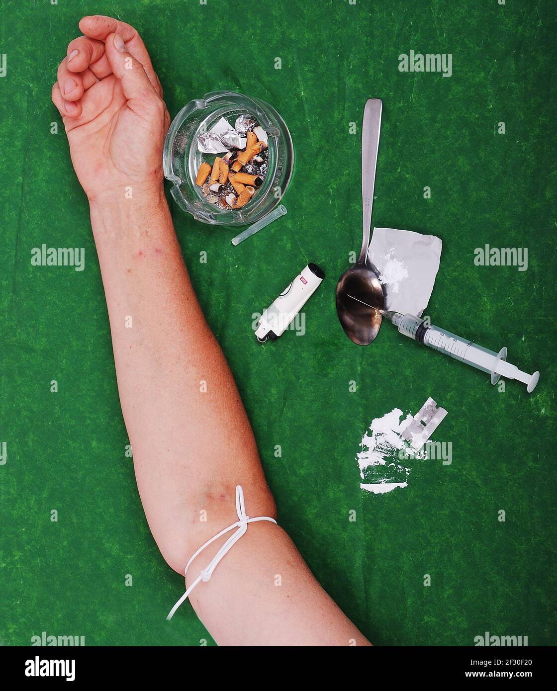 Drugs addict activities and some used tools Stock Photo - Alamy