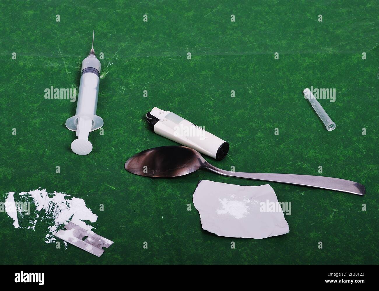Drugs addict activities and some used tools Stock Photo - Alamy