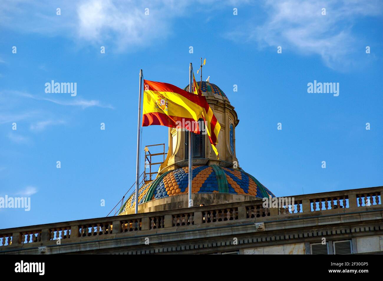 Flags of Barcelona and Catalonia on the roof of Government House in ...