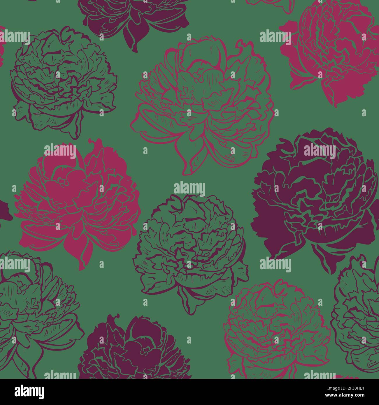 Vector seamless pattern with pink peonies on green background ...