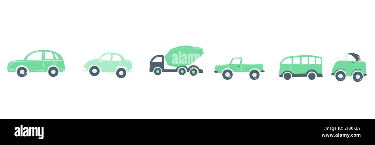 set of green cars flat simple cartoon style hand drawing. vector ...