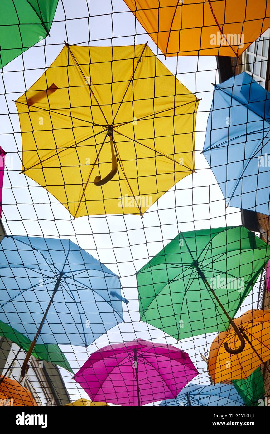 Funny colorful umbrella decoration photographed from below Stock Photo ...