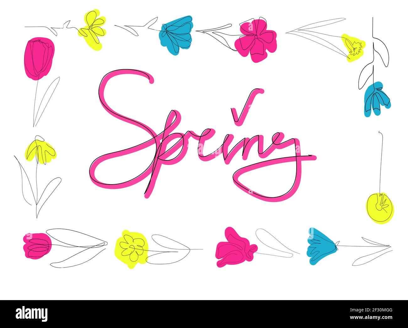 postcard spring flowers one line. hand drawing minimal colored vector ...