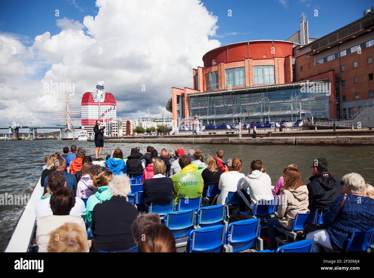 Tourists on the sightseeing boat Paddan in Göta älv. Here at the ...