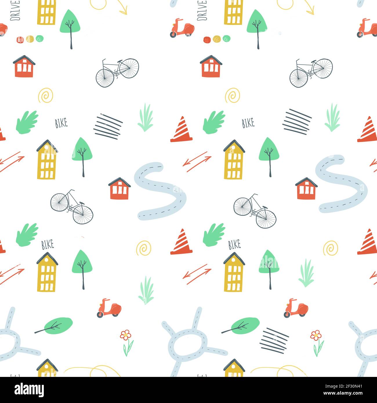 endless pattern set city cars traffic lights road. simple hand drawing ...