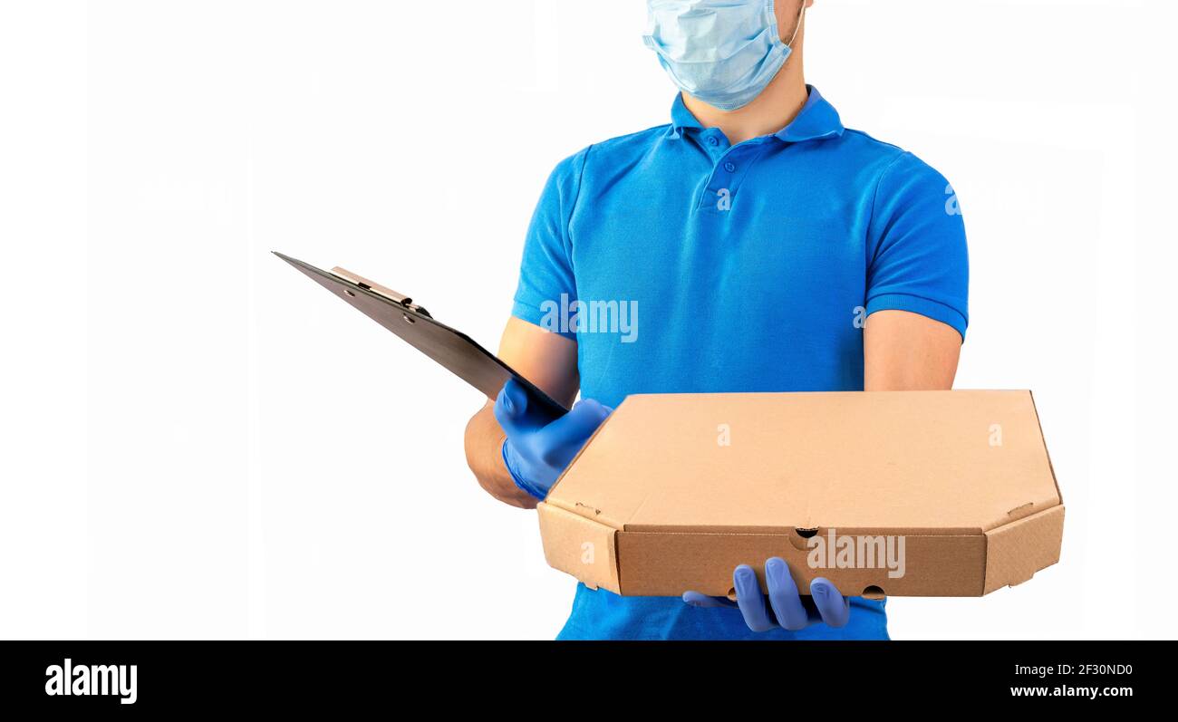 Delivery man in blue t-shirt uniform sterile face mask gloves with ...