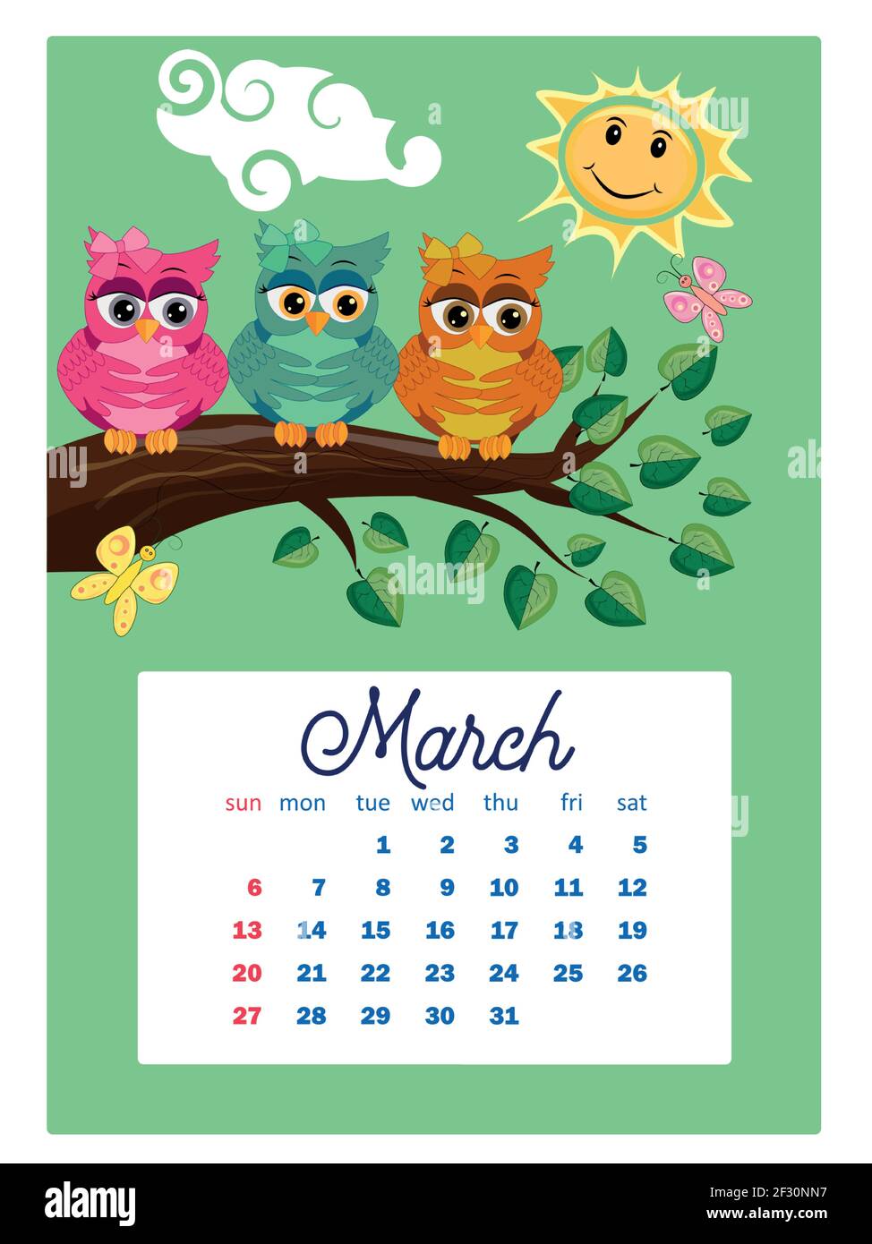 Calendar 2022. Cute owls and birds for every month. Wall vertical ...