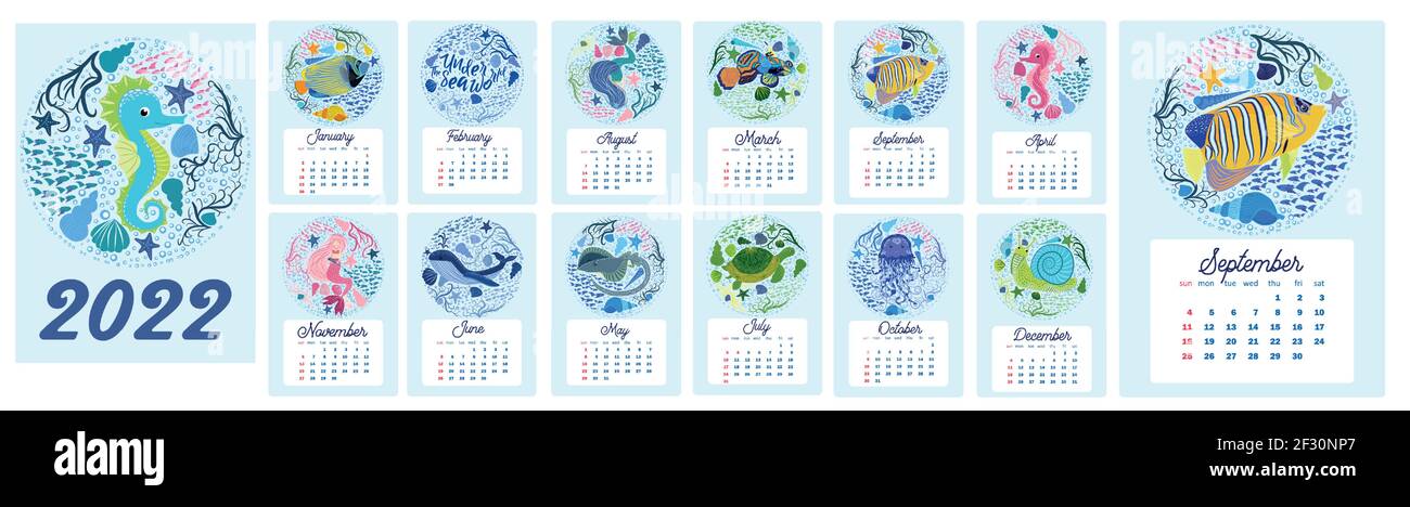 Marine life. calendar design template for 2022, A4 format. Week starts ...