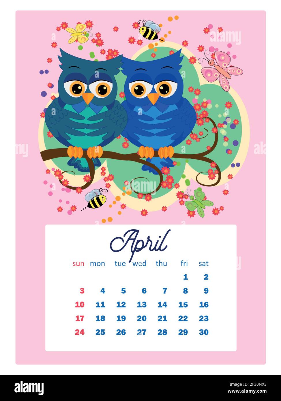 Calendar 2022. Cute owls and birds for every month. Wall vertical ...