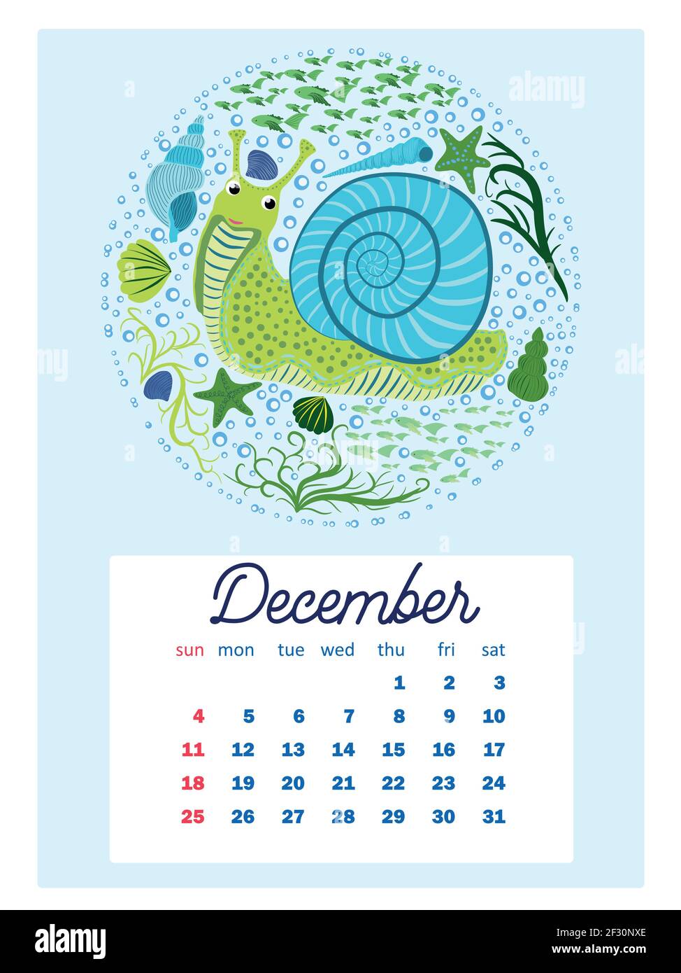 Marine life. calendar design template for 2022, A4 format. Week starts ...