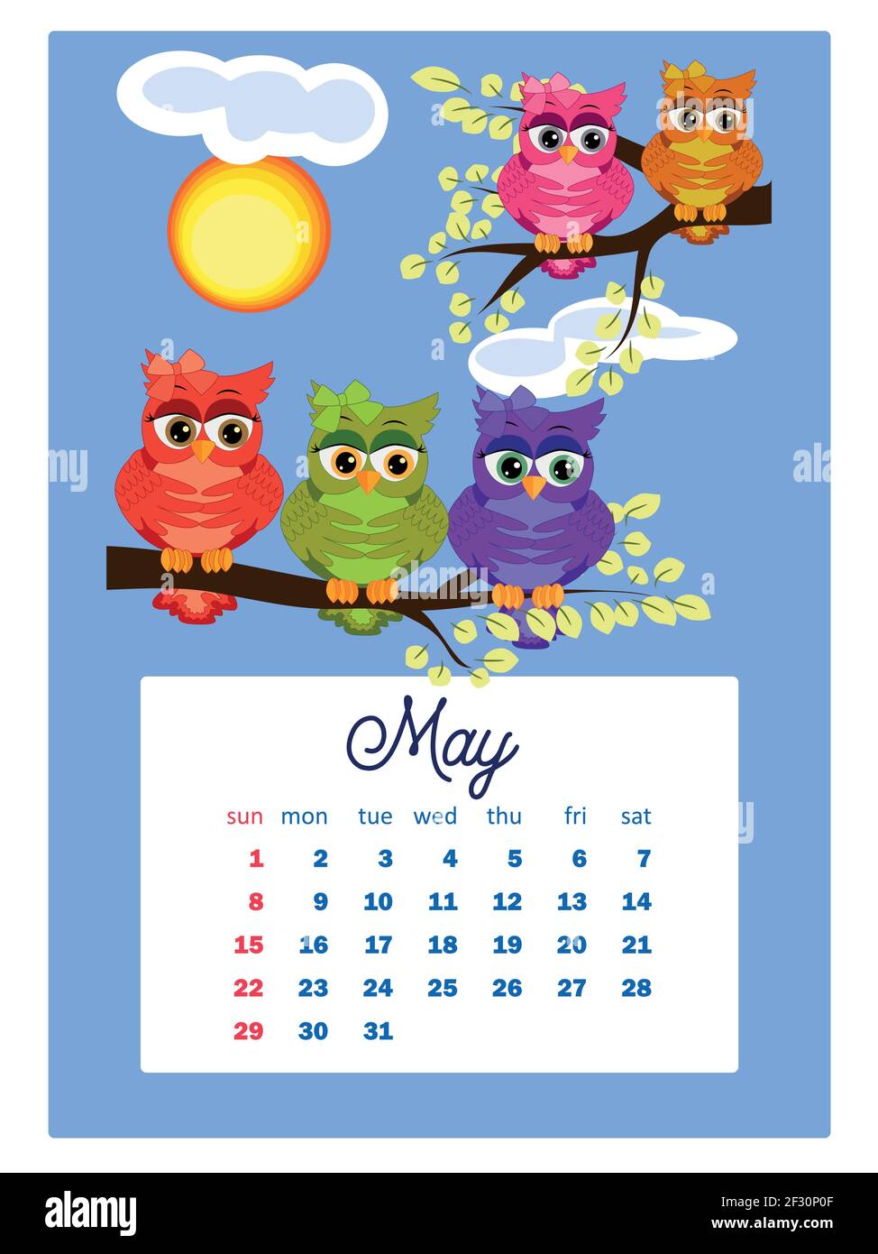 Calendar 2022. Cute owls and birds for every month. Wall vertical ...