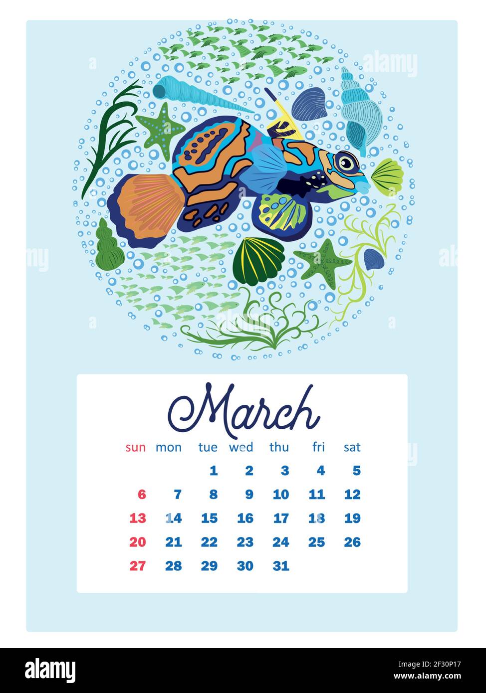 Marine life. calendar design template for 2022, A4 format. Week starts ...