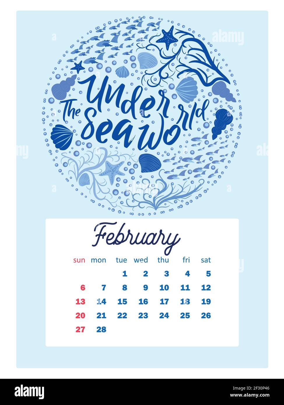 Marine life. calendar design template for 2022, A4 format. Week starts ...