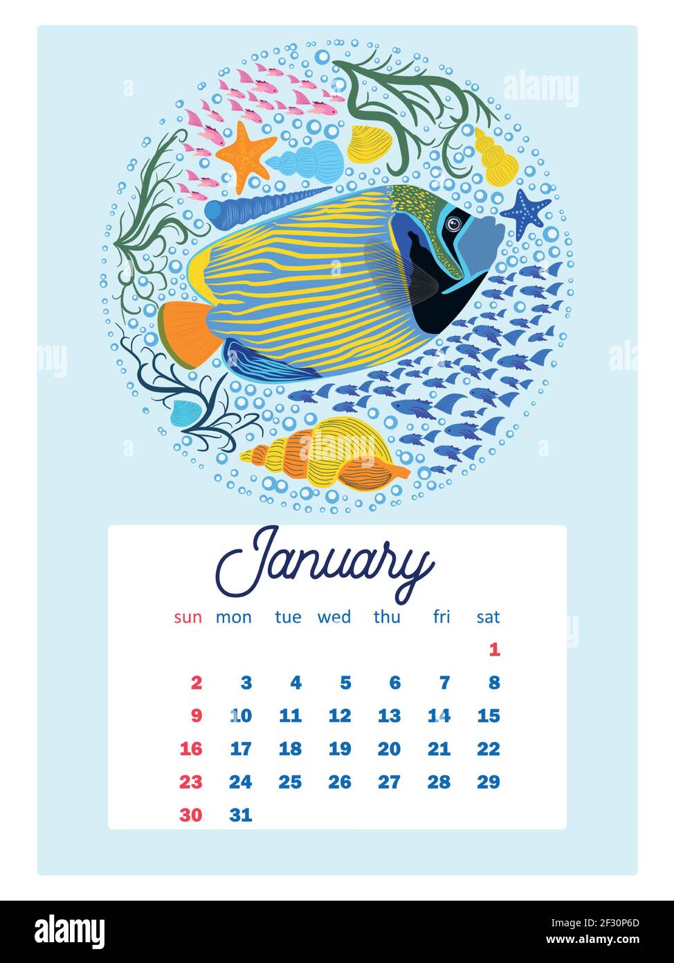 Marine life. calendar design template for 2022, A4 format. Week starts ...
