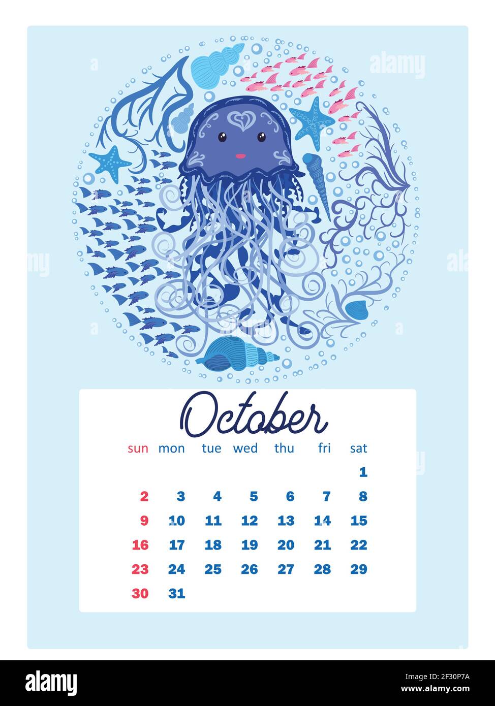 Marine life. calendar design template for 2022, A4 format. Week starts ...