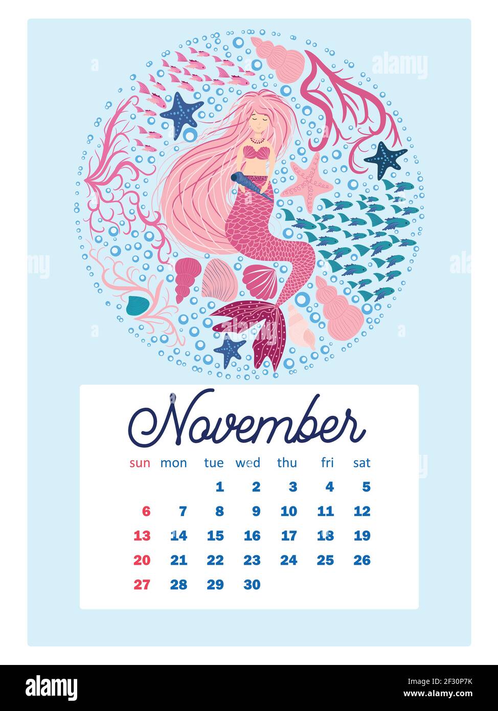 Marine life. calendar design template for 2022, A4 format. Week starts ...