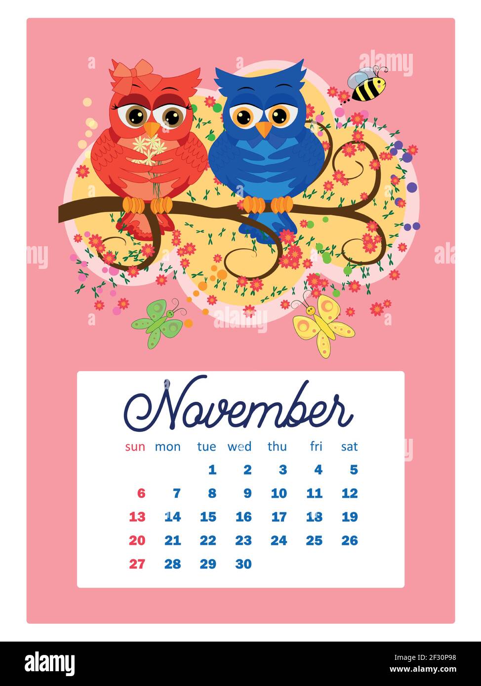 Calendar 2022. Cute owls and birds for every month. Wall vertical ...