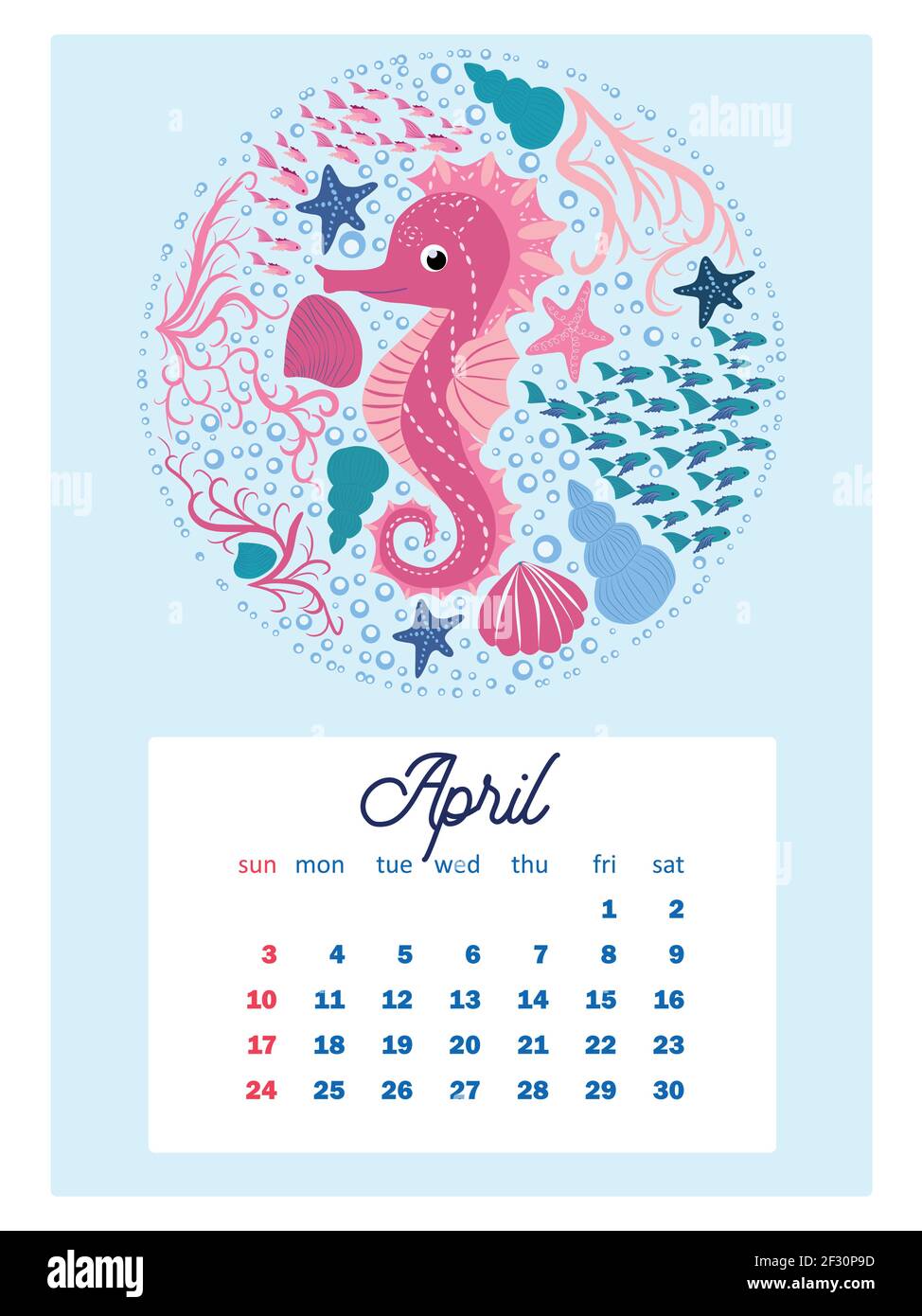 Marine life. calendar design template for 2022, A4 format. Week starts ...