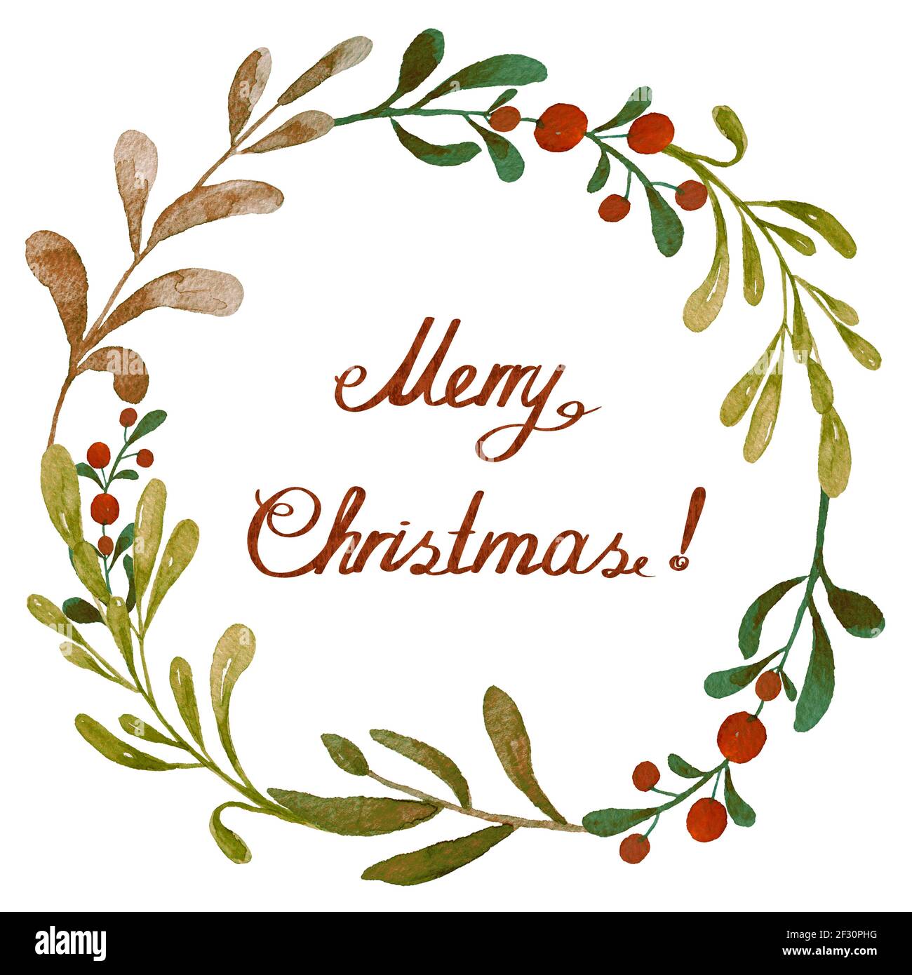 Merry Christmas watercolor background with leaves and wild berries ...