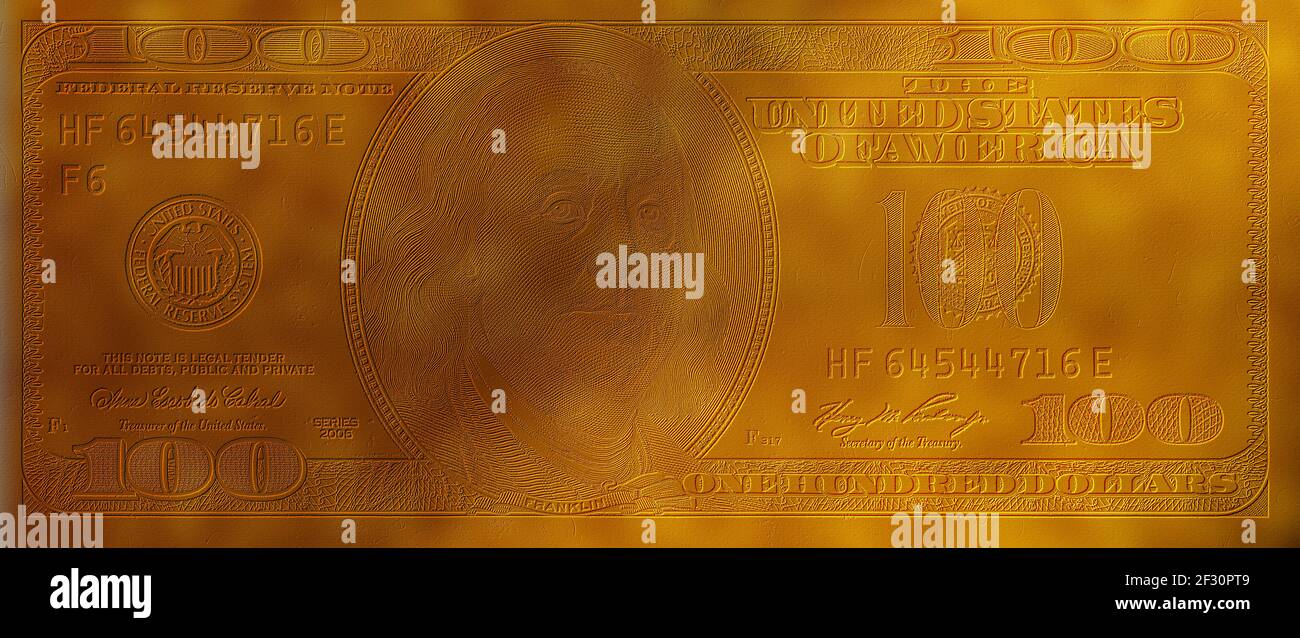 golden textured 100 US dollar banknote for design purpose Stock Photo ...