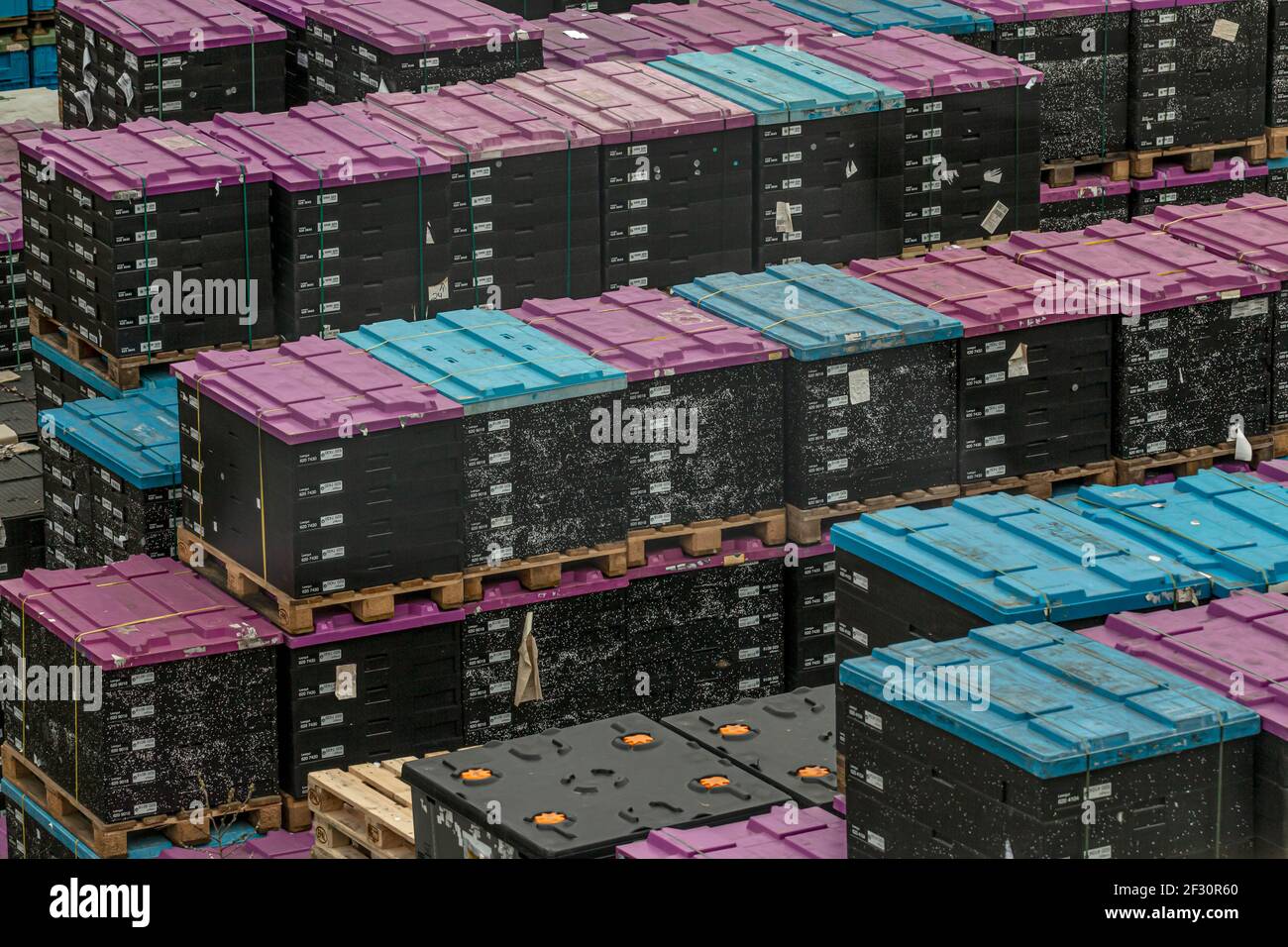 Marbach, Germany-March 12.2021:car parts lie in transport boxes that ...