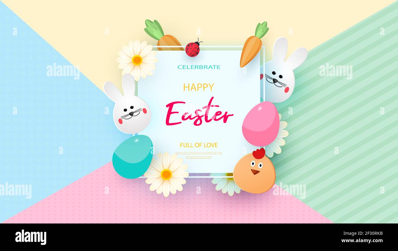 Happy Easter background template with beautiful camomiles and eggs ...