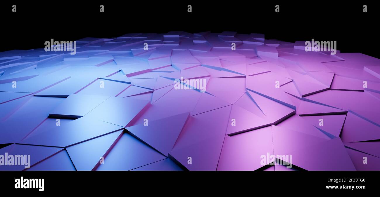 3D illustration of shiny shattered, split or cracked metallic polygonal ...