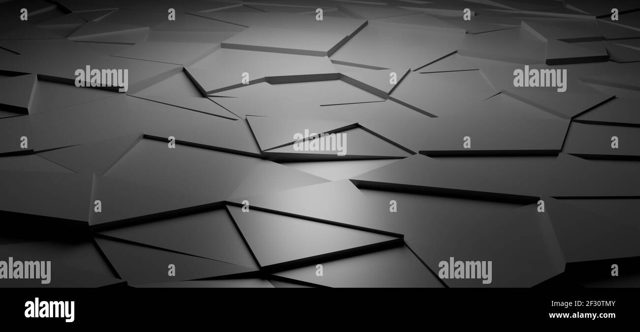 3D illustration of shiny shattered, split or cracked metallic polygonal ...