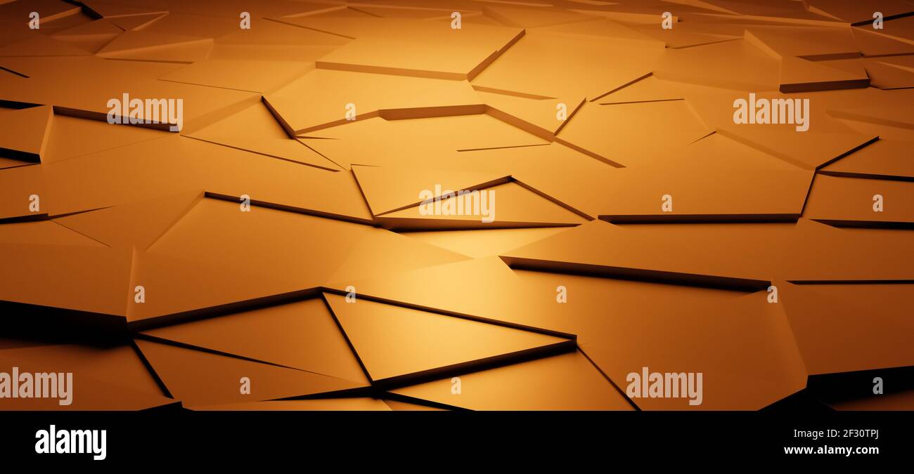 3D illustration of shiny shattered, split or cracked metallic polygonal ...