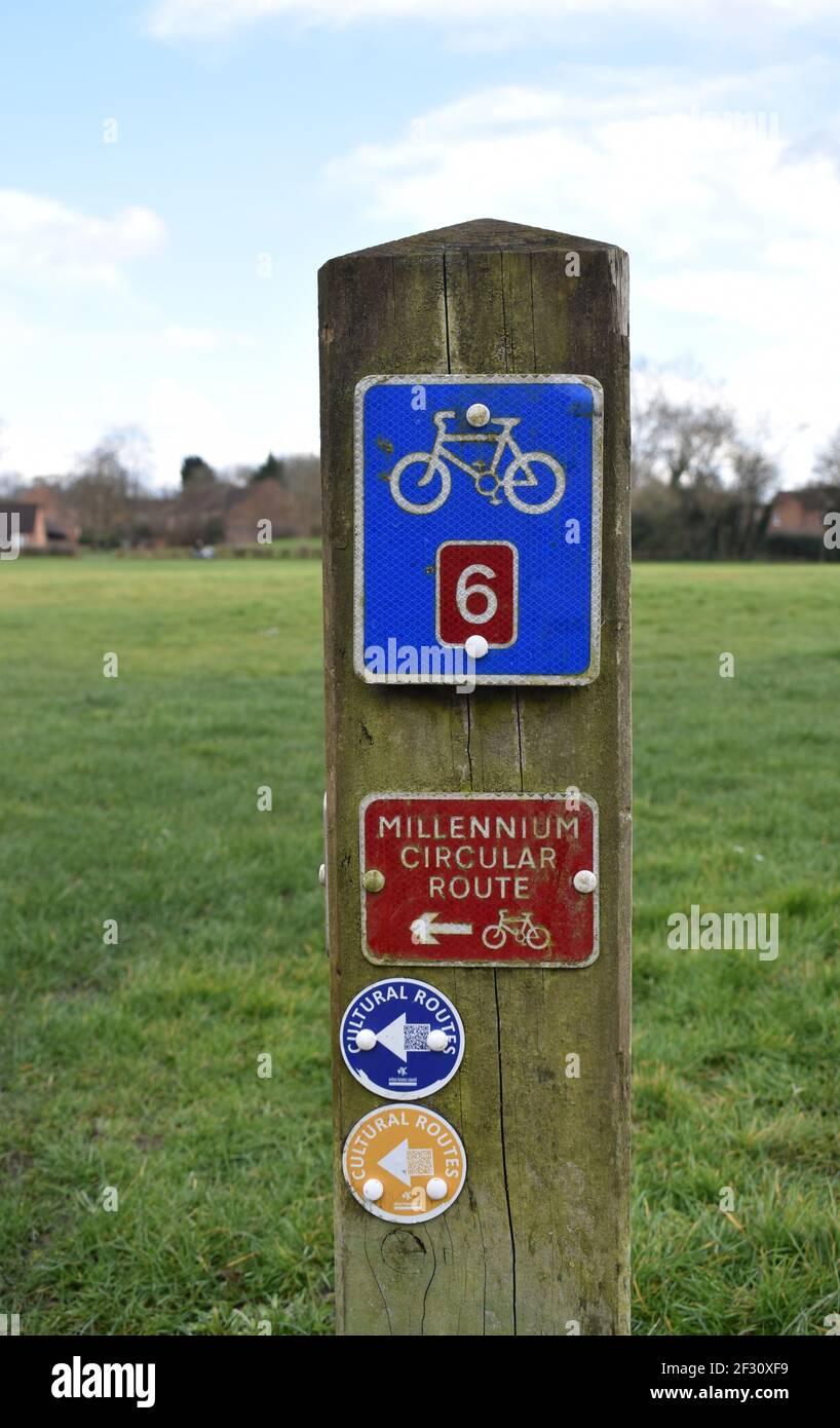 Waymarker showing cultural routes and the Millennium Circular Route in ...