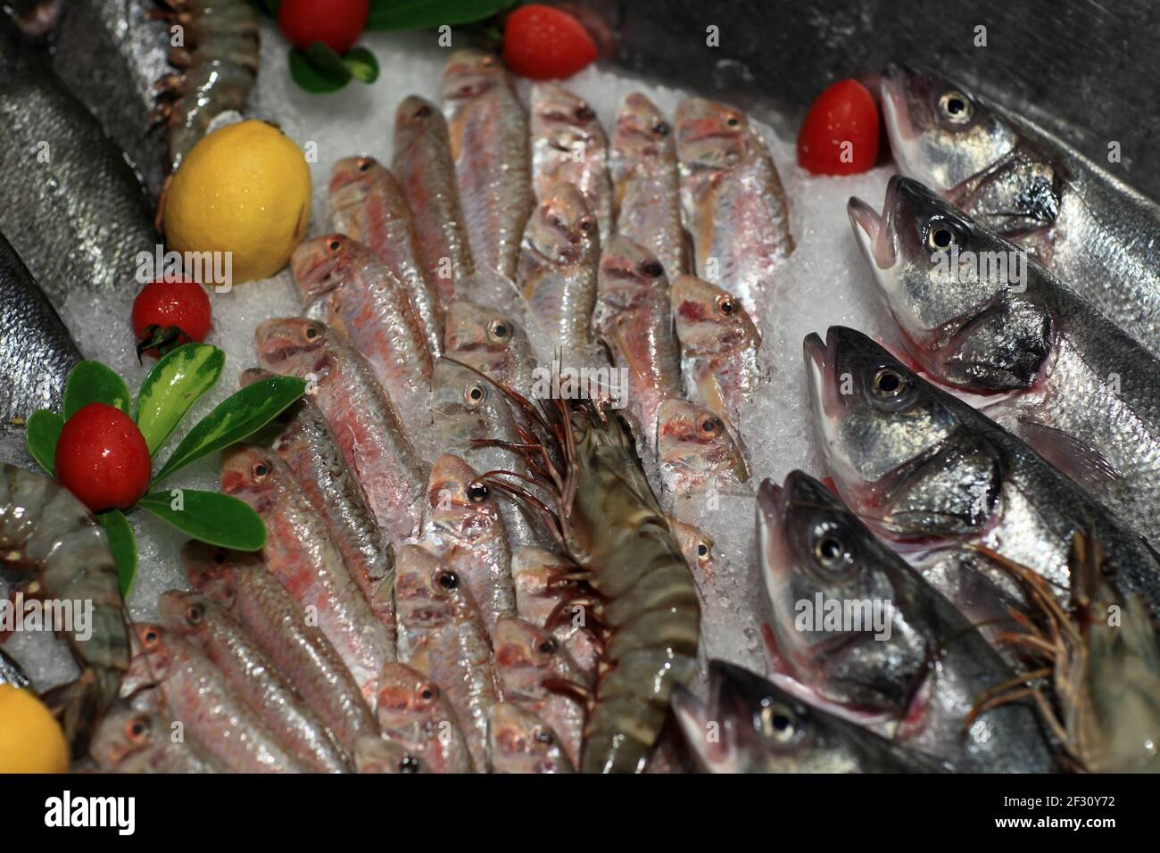 Details fishes on the counter at a market Stock Photo - Alamy