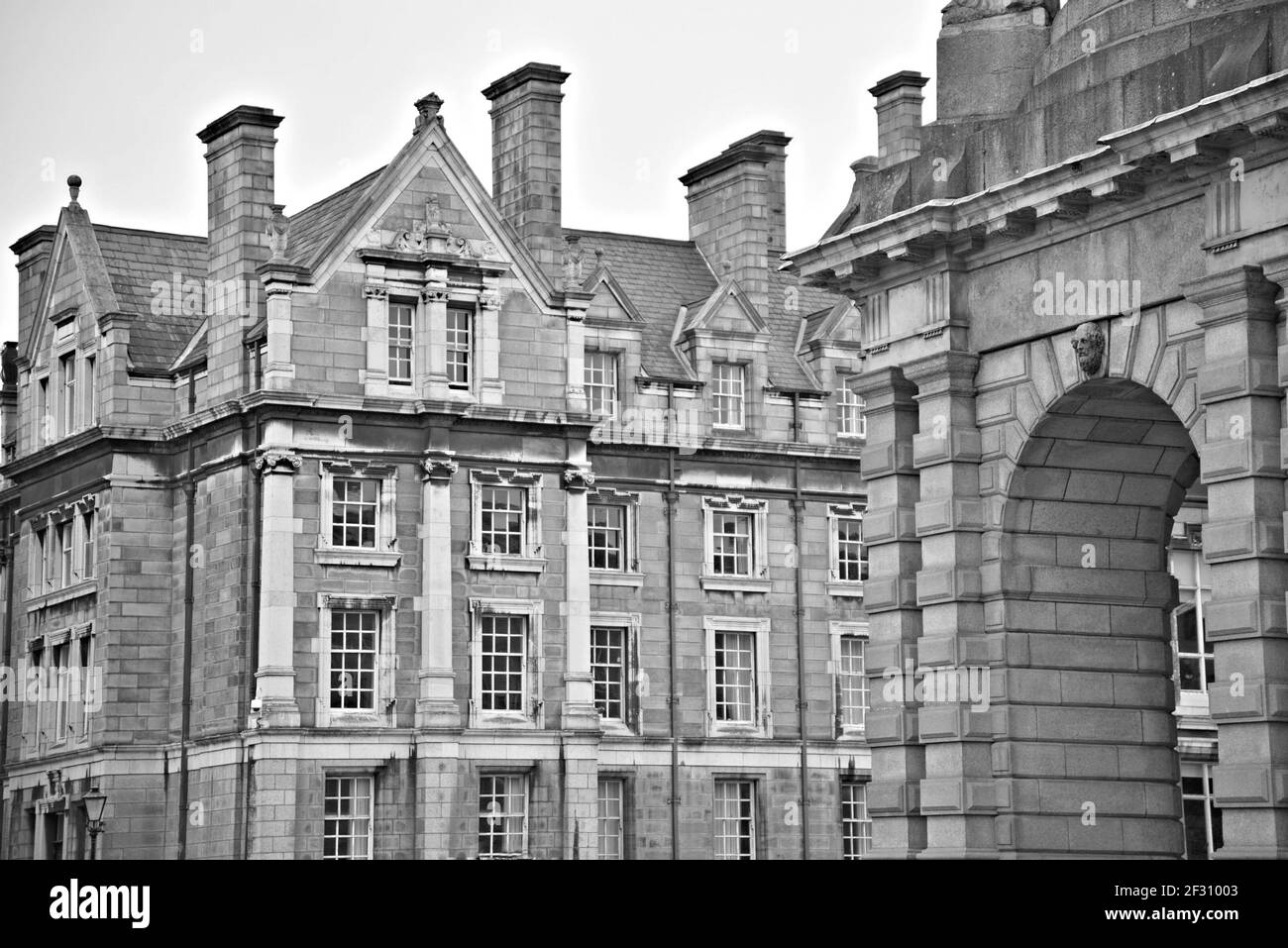Exterior view of old stone buildings on the grounds of Trinity College ...