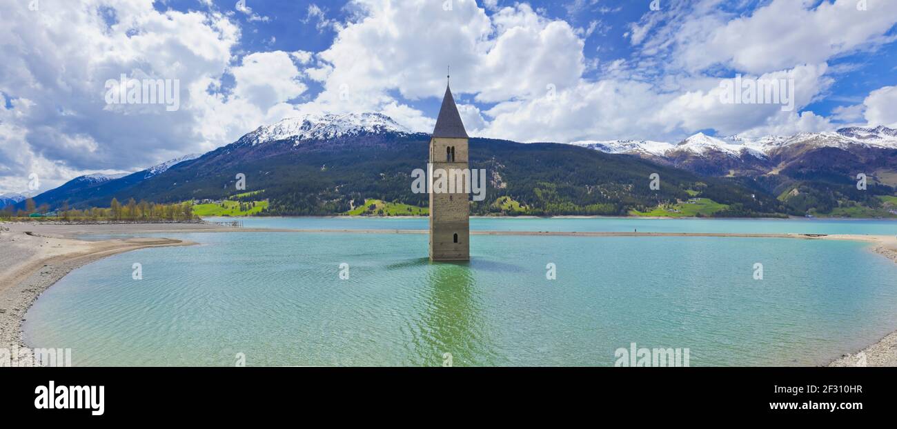 Famous church tower in the mountain lake, (Reschensee) in South Tirol ...