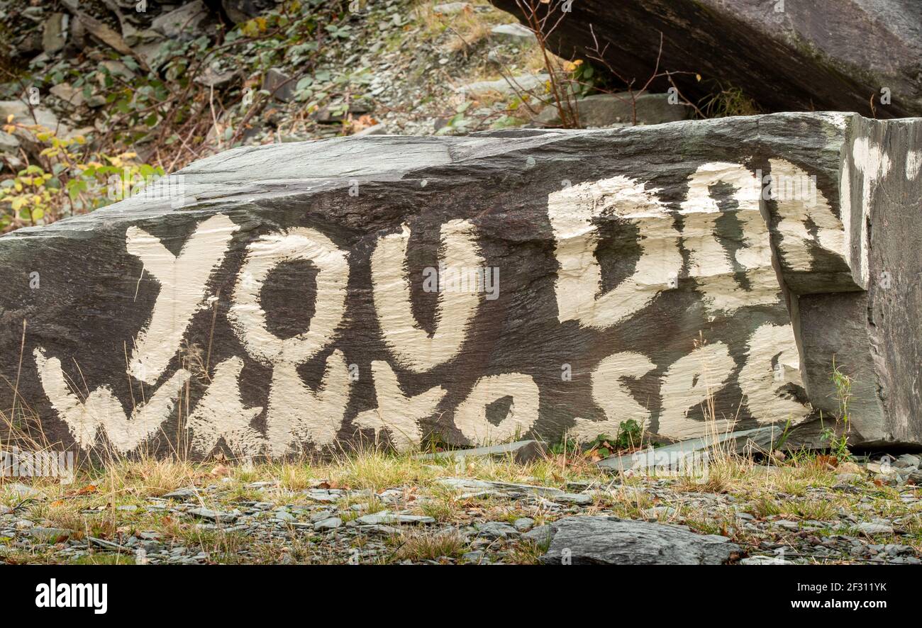 Hand painted warning sign on a slate quarry 2673 Stock Photo - Alamy