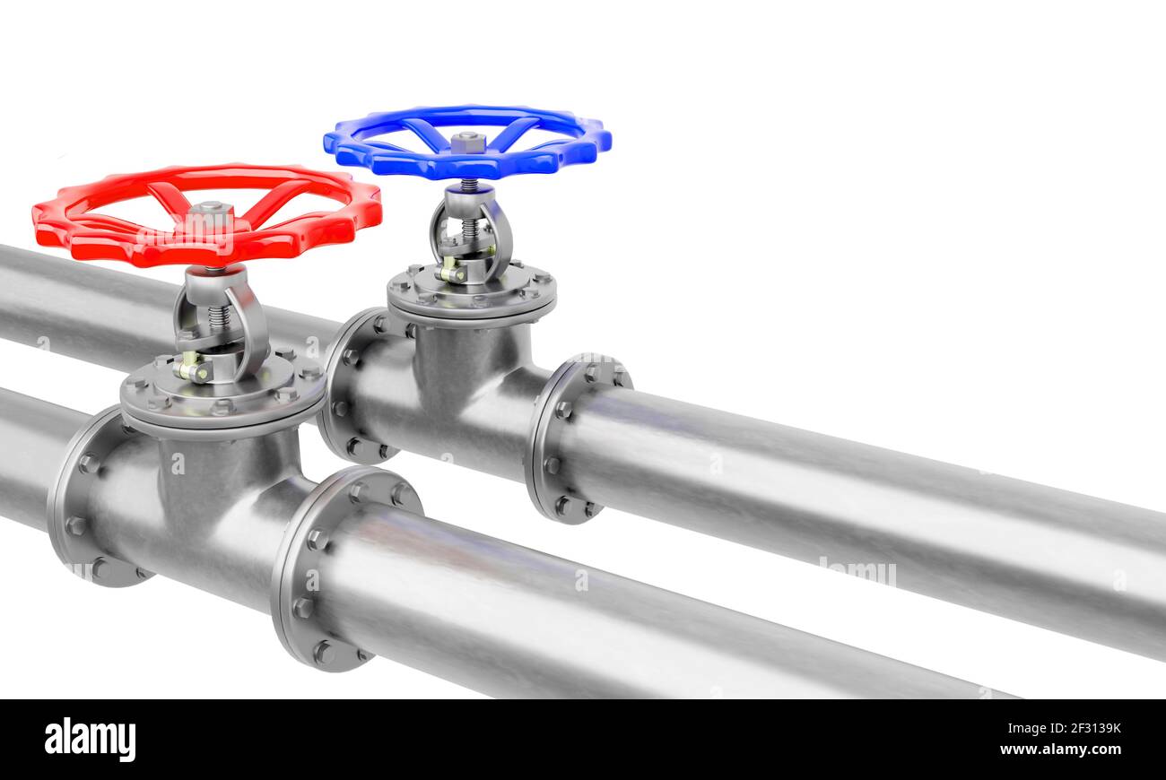 3d render blue and red valves on steel pipes diagonal view isolated on ...