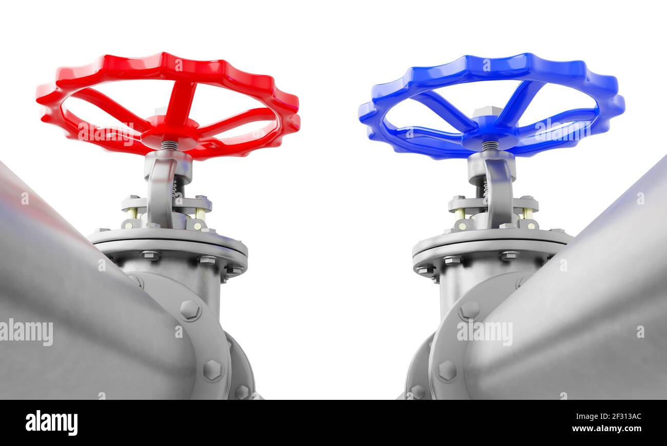 3d render blue and red valves on steel pipes down view isolated on a ...