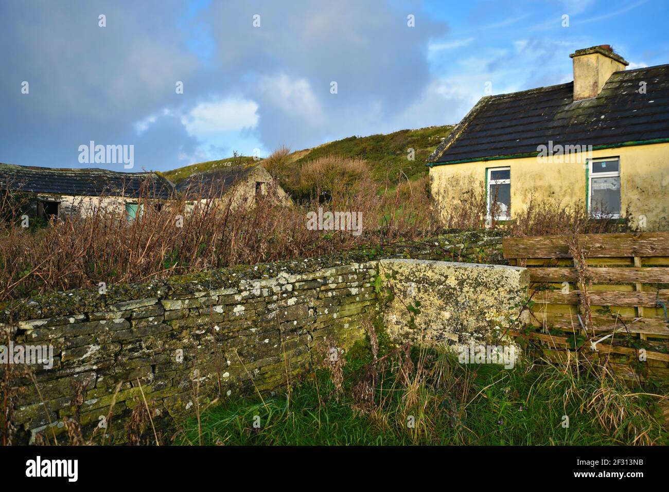 Irish landscape with view of an old abandoned rural farmhouse in the ...