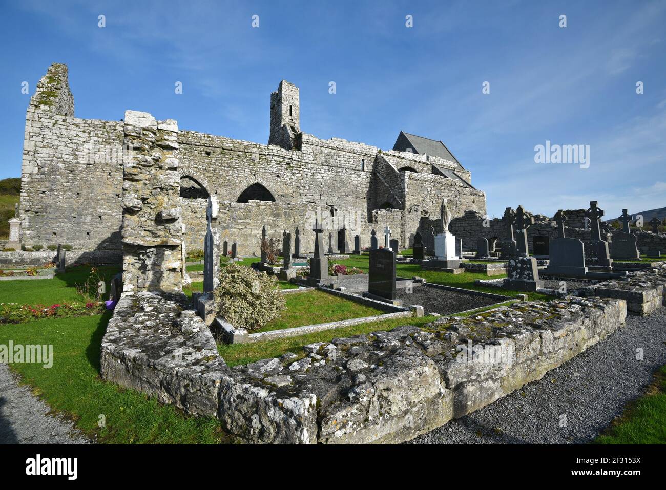 Irish landscape with panoramic view of Corcomroe Abbey, a historic ...