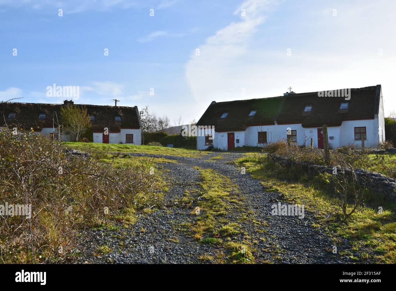 Irish landscape with view of traditional rural cottages with thatched ...