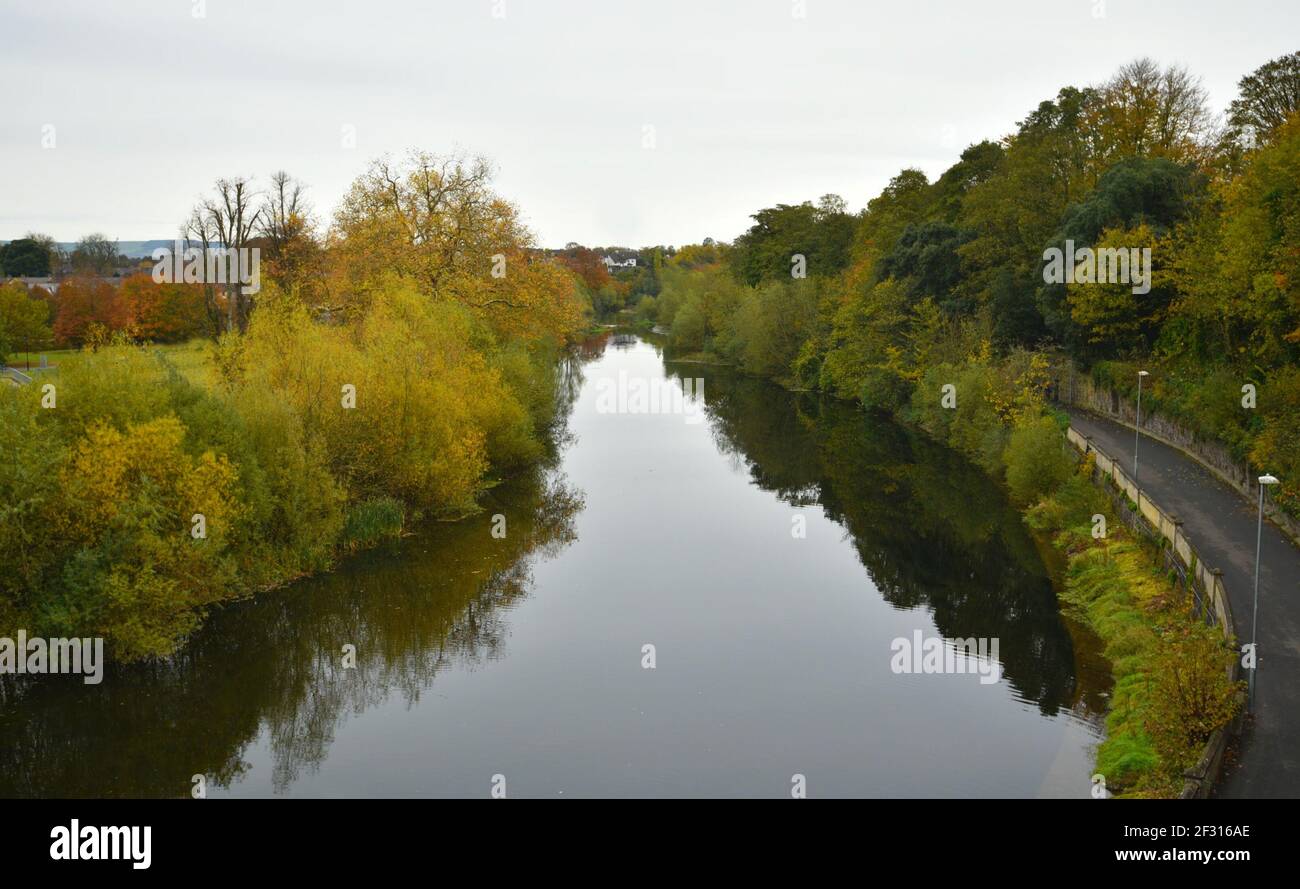 Autumn landscape with view of River Nore in Kilkenny, Leinster Ireland ...