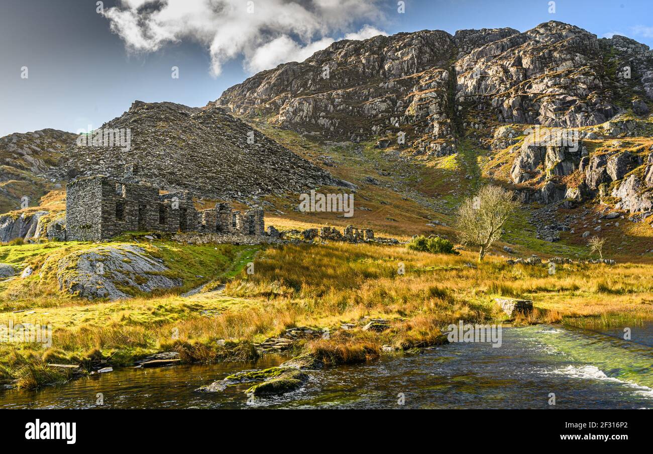 Old mine workings in Welsh monuntain valley Stock Photo - Alamy