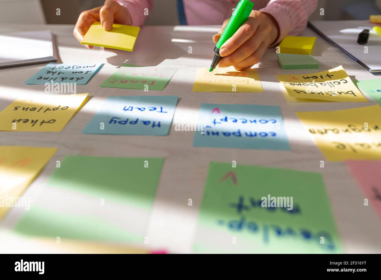 Business woman working on a project using sticky notes on her desktop ...