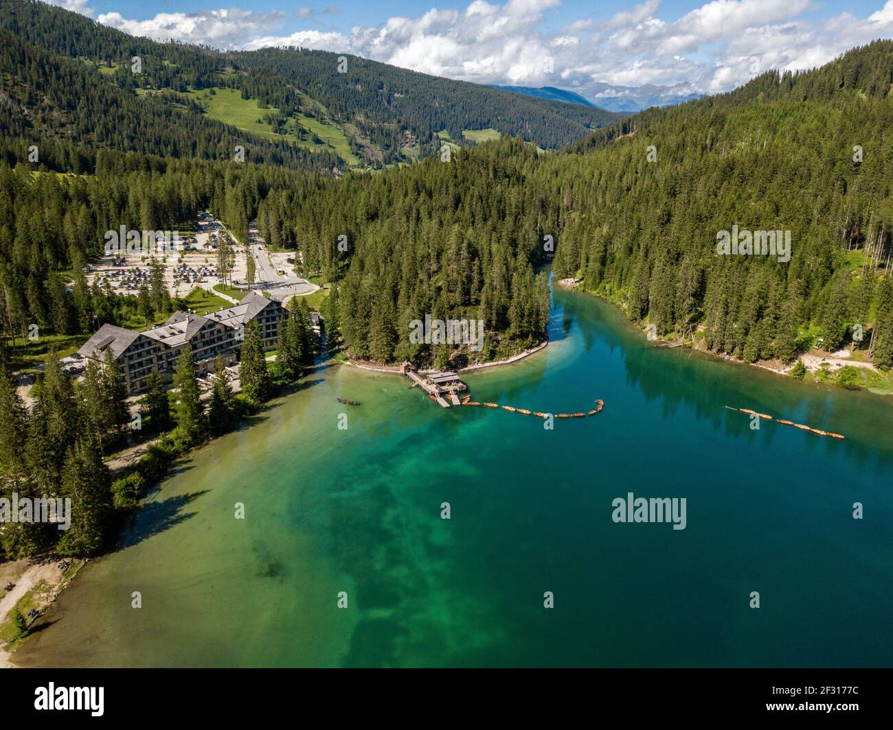 Aerial view of the Lake Braies, Pragser Wildsee is a lake in the Prags ...