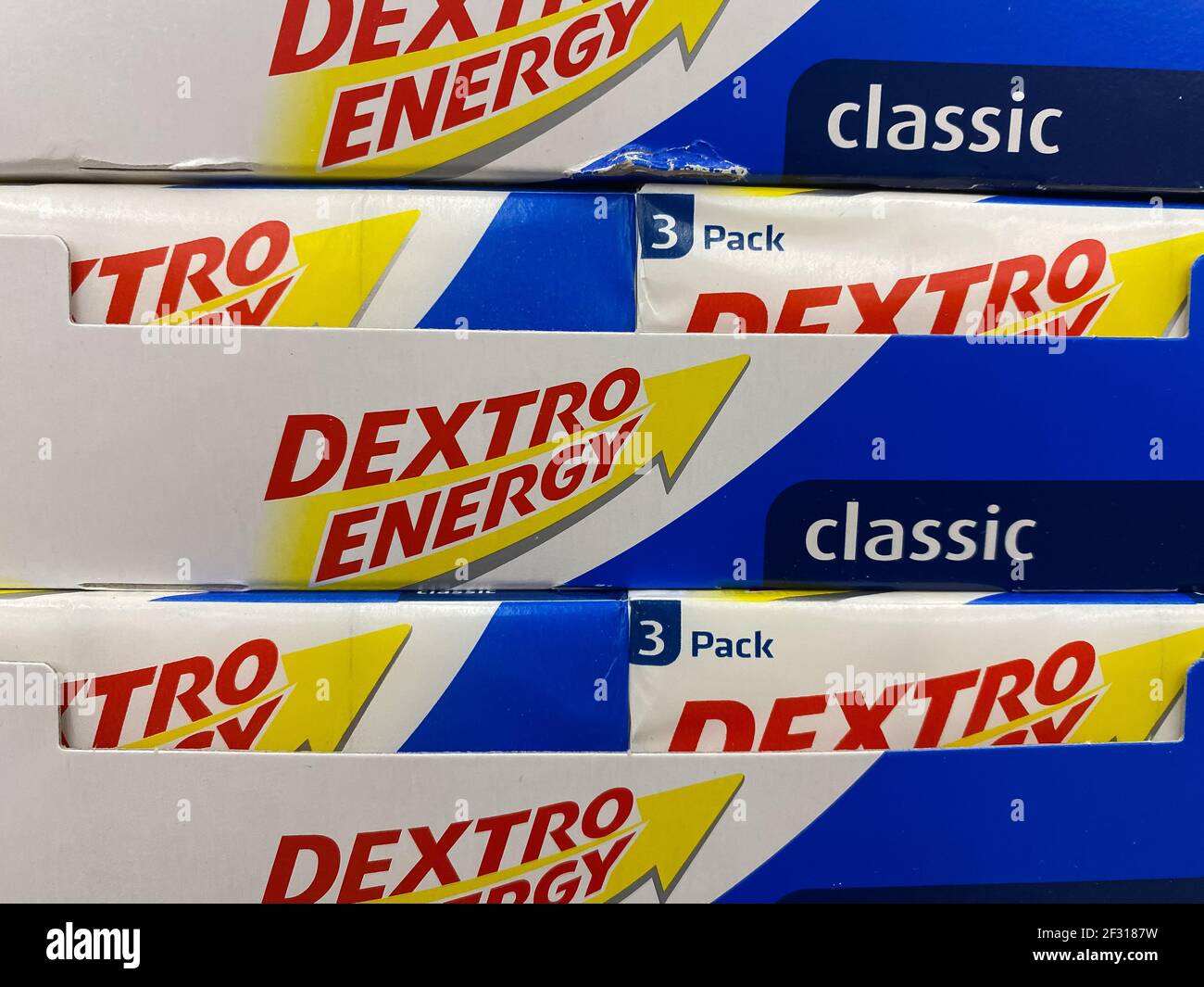 Viersen, Germany - March 1. 2021: Closeup of packets dextrose dextro ...